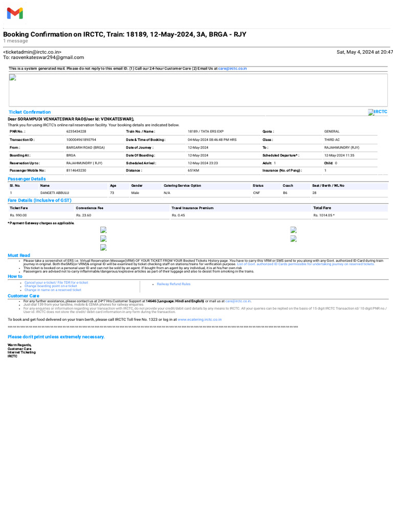 Gmail - Booking Confirmation On IRCTC, Train - 18189, 12-May-2024, 3A ...