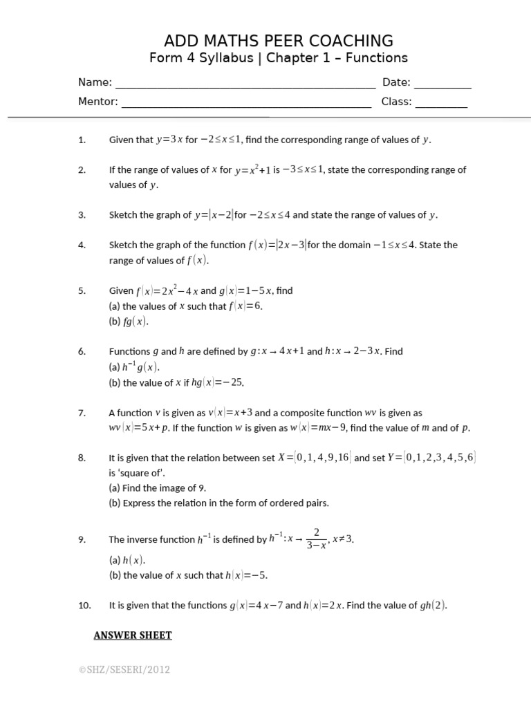Latihan Add Maths Chapter 1 Functions | PDF