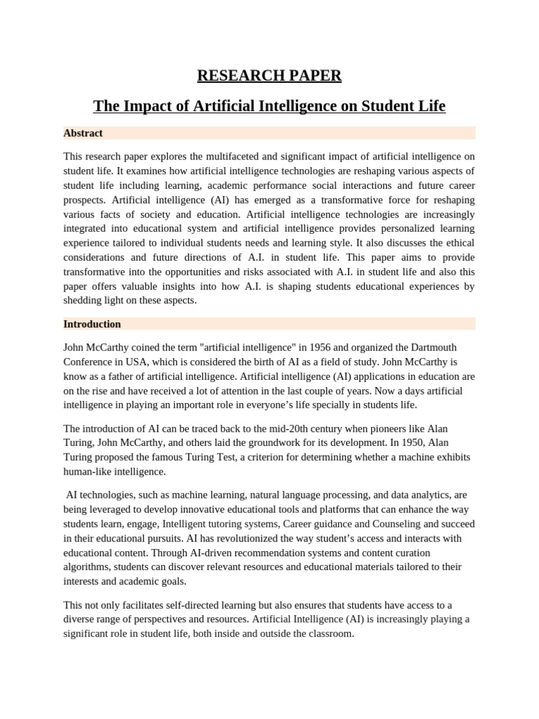 RESEARCH PAPER On The Impact of Artificial Intelligence On Student Life ...