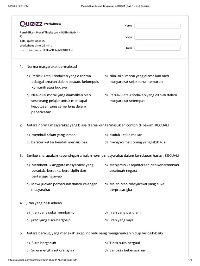 Kuiz Pendidikan Moral Tingkatan 4 | PDF