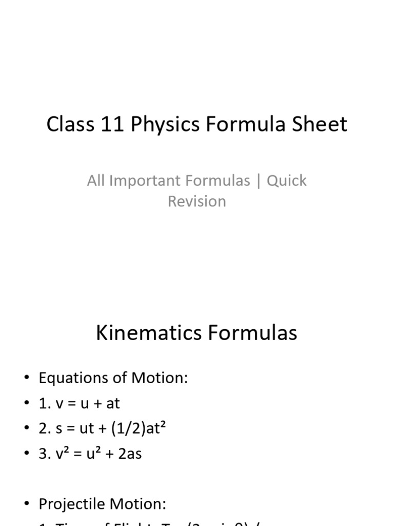 Class 11 Physics Formula Overview | PDF