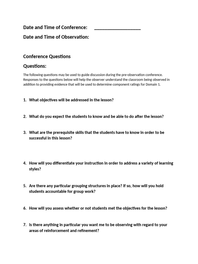 T-TESS Blank Pre-Conference Questions | PDF