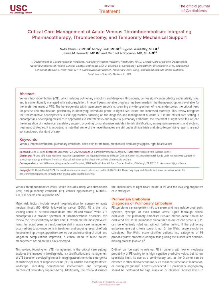 Critical Care Management of Acute Venous Thromboembolism | PDF | Thrombosis | Blood Pressure