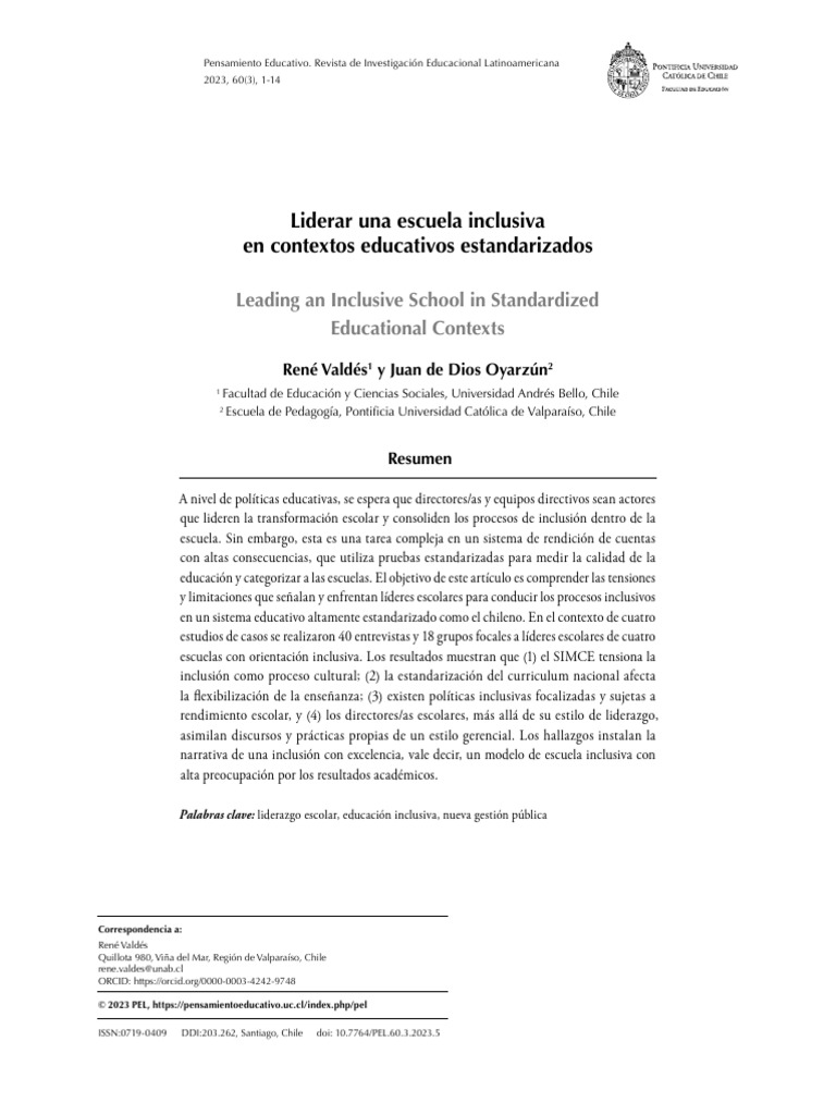 Valdez y Oyarzún,2024 - Liderar una escuela inclusiva en contextos educati | PDF | Plan de ...