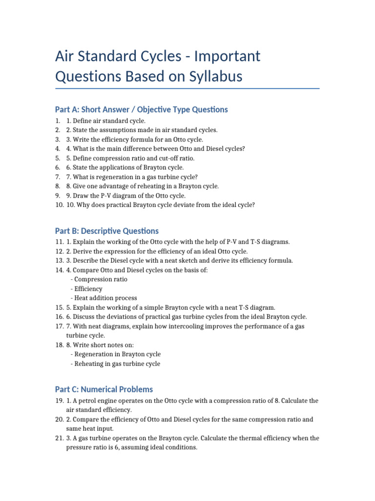 Air Standard Cycles: Key Concepts & Questions | PDF