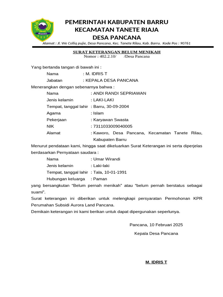 Keterangan Belum Menikah Rostina | PDF