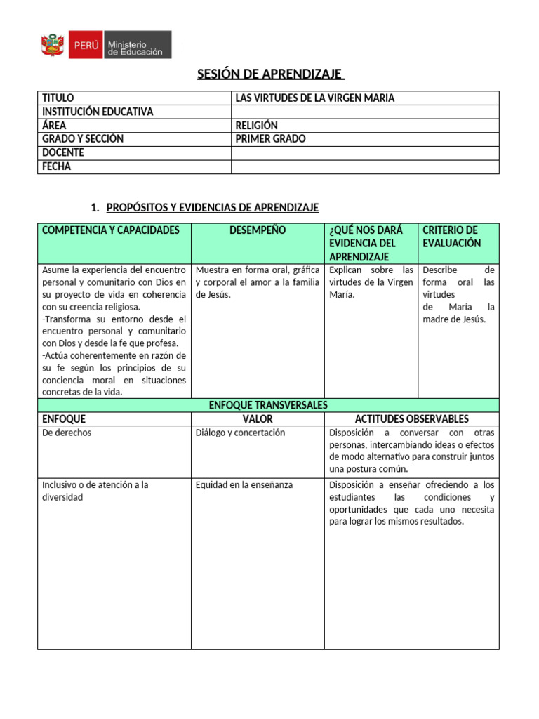 Sesión Religión Las Virtudes de Maria | PDF | María, madre de Jesús | Aprendizaje