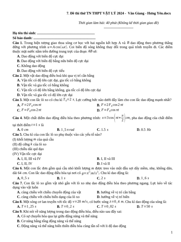 de Thi Thu TN THPT VAT LY 2024 - Van Giang - Hung Yen - Docx Ea2e47 20 ...