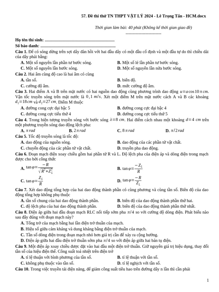 de Thi Thu TN THPT VAT LY 2024 - Le Trong Tan - HCM - Docx b3673d 22 03 ...