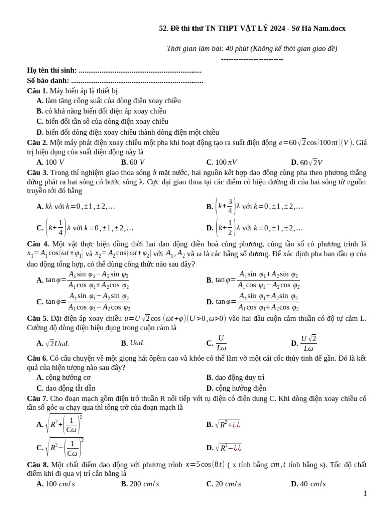 de Thi Thu TN THPT VAT LY 2024 - So Ha Nam - Docx 5cfef1 21 03 2024 | PDF