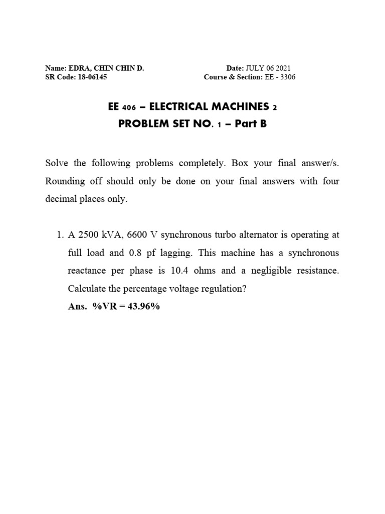 Electrical Machines Problem Set | PDF | Physical Quantities | Electric ...