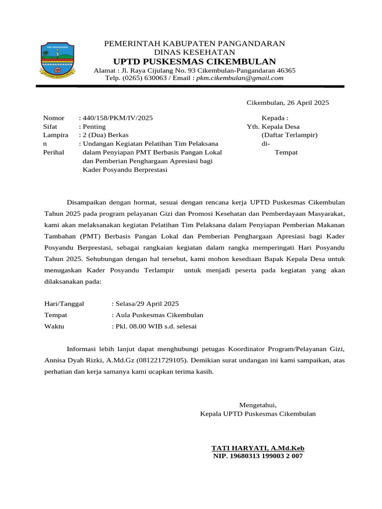 Surat Undangan Pelatihan Pembuatan PMT 2025 | PDF