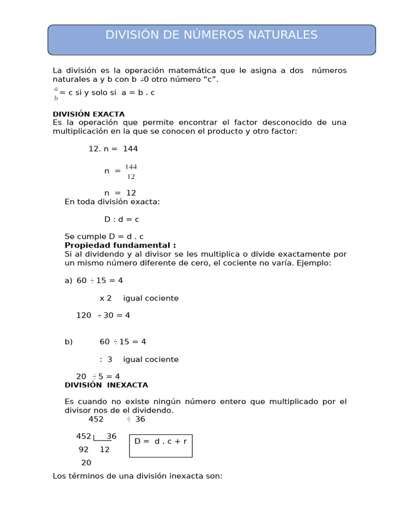 Division de Numeros Naturales para Primero de Secundaria | PDF ...