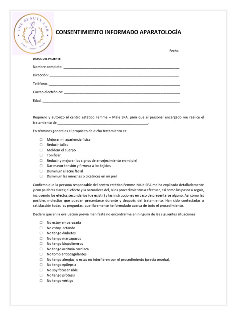Consentimiento Informado Tratamiento Estético | PDF | Consentimiento informado | Especialidades ...