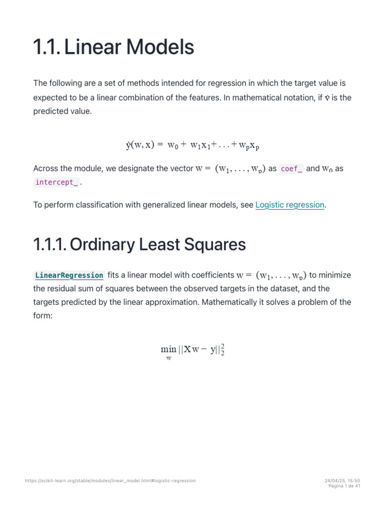 11 Linear Models Scikit Learn 161 Documentation Pdf Linear Regression Least Squares