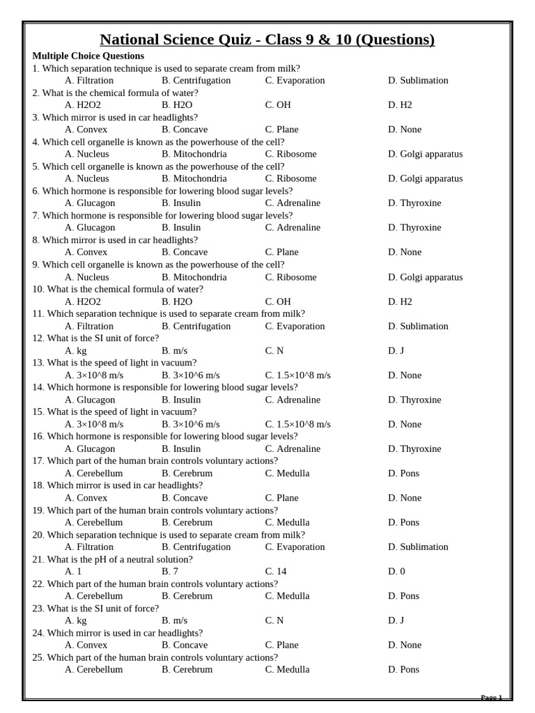 National Science Quiz - Vineeta H | PDF | Cell (Biology) | Mitochondrion