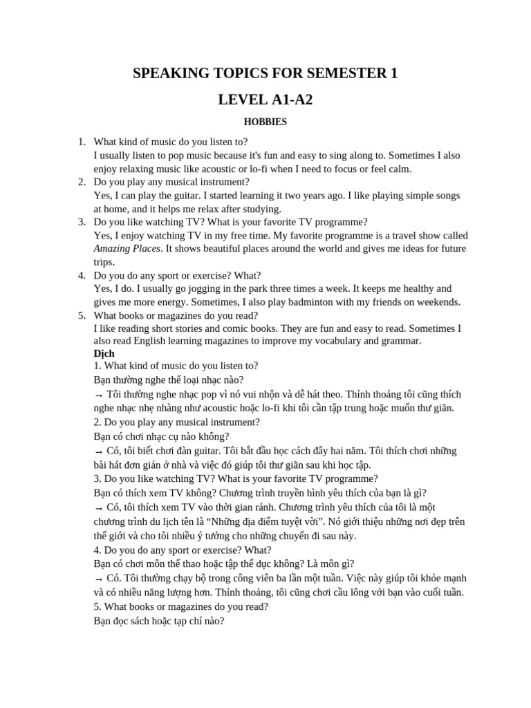 A1-A2 SPEAKING TOPICS FOR SEMESTER 1 | PDF