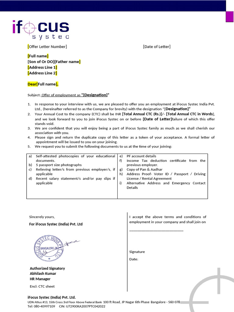 Ifocus Systec - Offer Letter - Demo | PDF | Salary | Employment