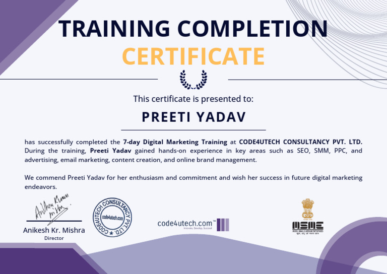 Preeti Yadav - Training Completion Certificate | PDF