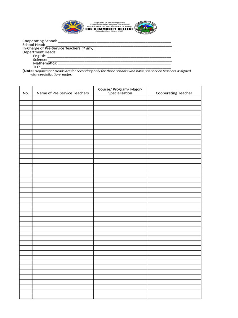 Template For List of Cooperating Teachers | PDF