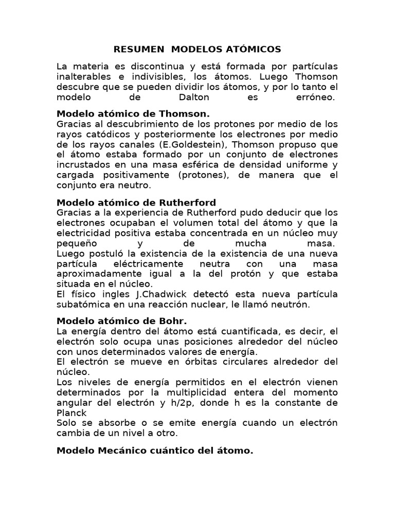 RESUMEN MODELOS ATÓMICOS | PDF
