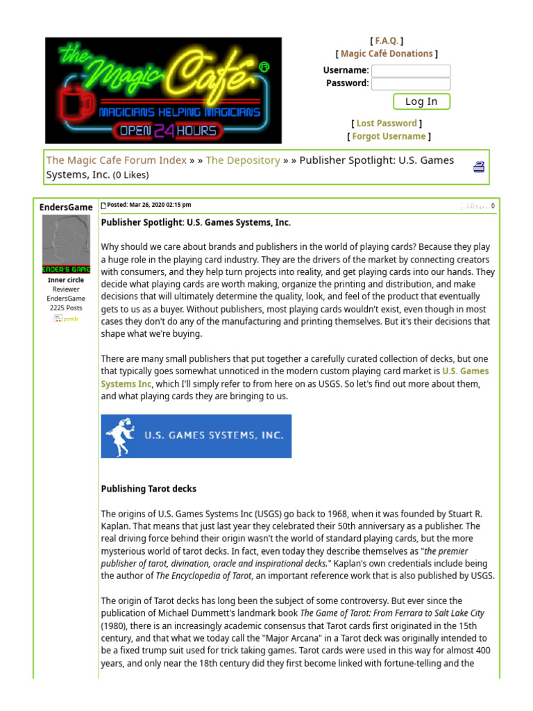 The Magic Cafe Forums - Publisher Spotlight - U.S. Games Systems, Inc. | PDF | Tarot | Playing Cards