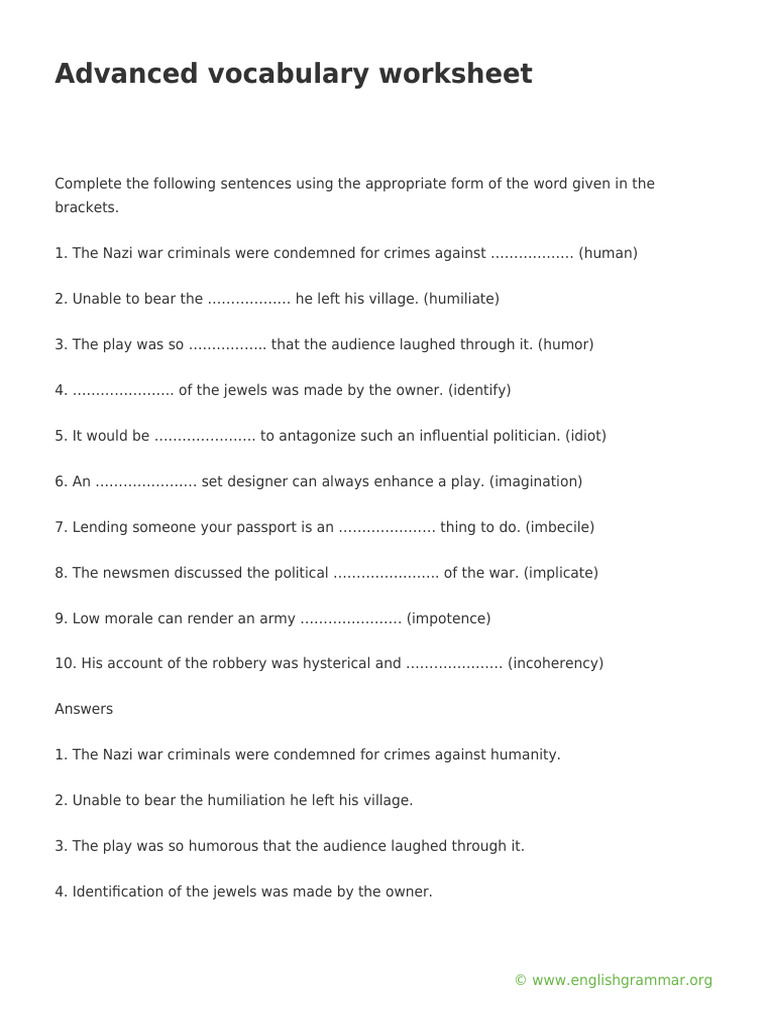 Advanced Vocabulary Worksheet | PDF
