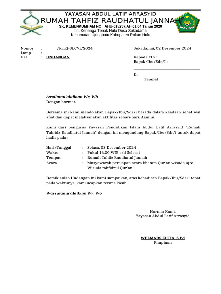 Undangan Musyawarah Wisuda Tahfidz | PDF