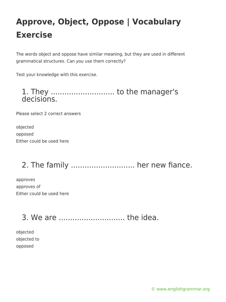 Approve, Object, Oppose - Vocabulary Exercise | PDF | Vocabulary ...