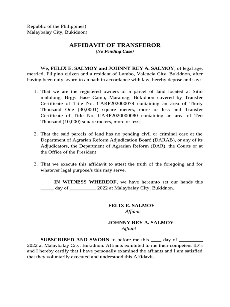 Affidavit of Transferor No Pending Case | PDF