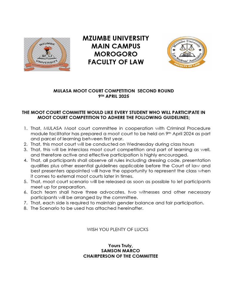 Mzumbe University Moot Court Guidelines | PDF | Government | Criminal ...