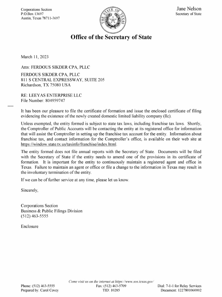 Secretary of State - Acknowledgement Letter | PDF