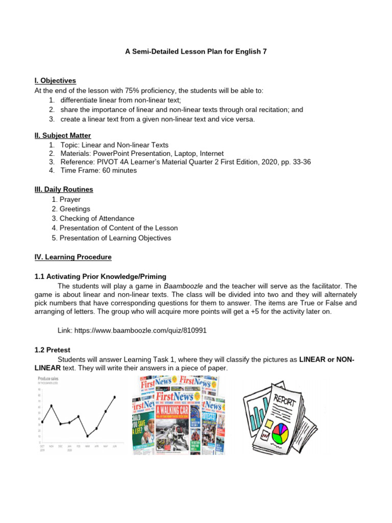 Semi-Detailed Linear and Non-Linear Texts G7 | PDF | Chart | Pie Chart