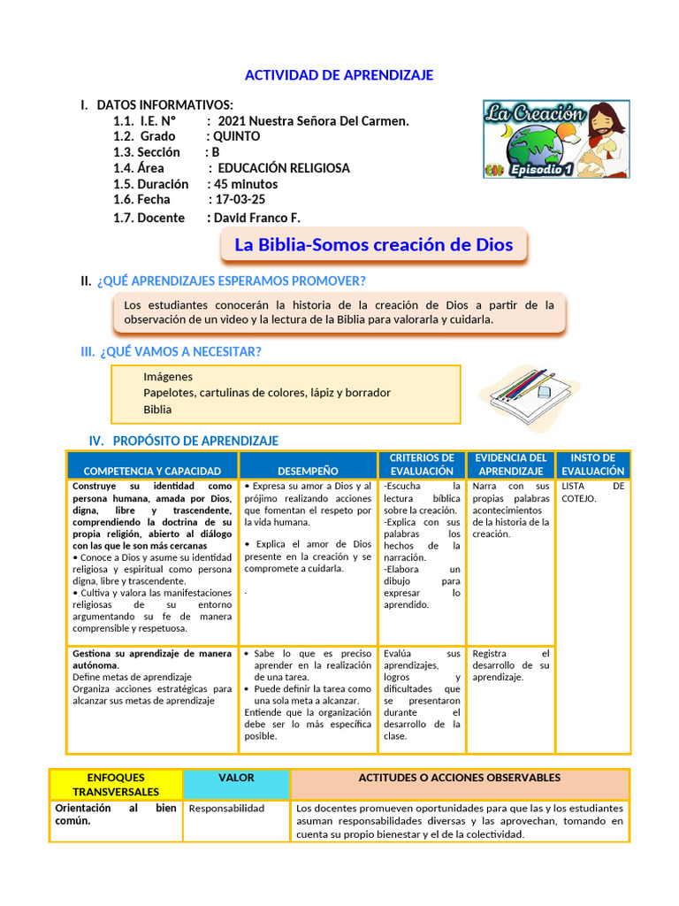 5B_REL_la Biblia creacion de Dios_17-03 | PDF | Aprendizaje | Amor