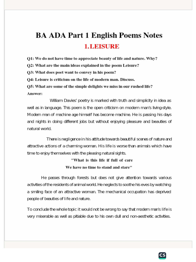English Poems Question Answer Part 1 | PDF