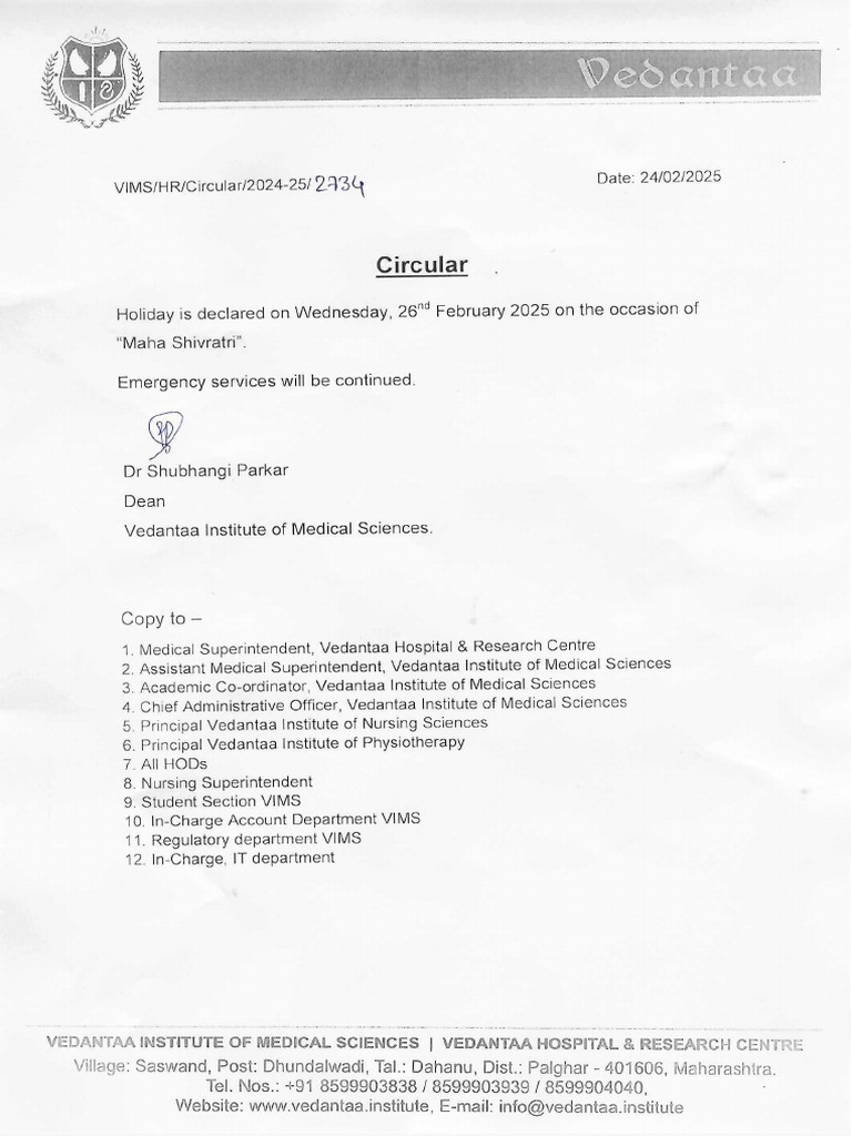 Holiday Circular - Maha Shivratri | PDF