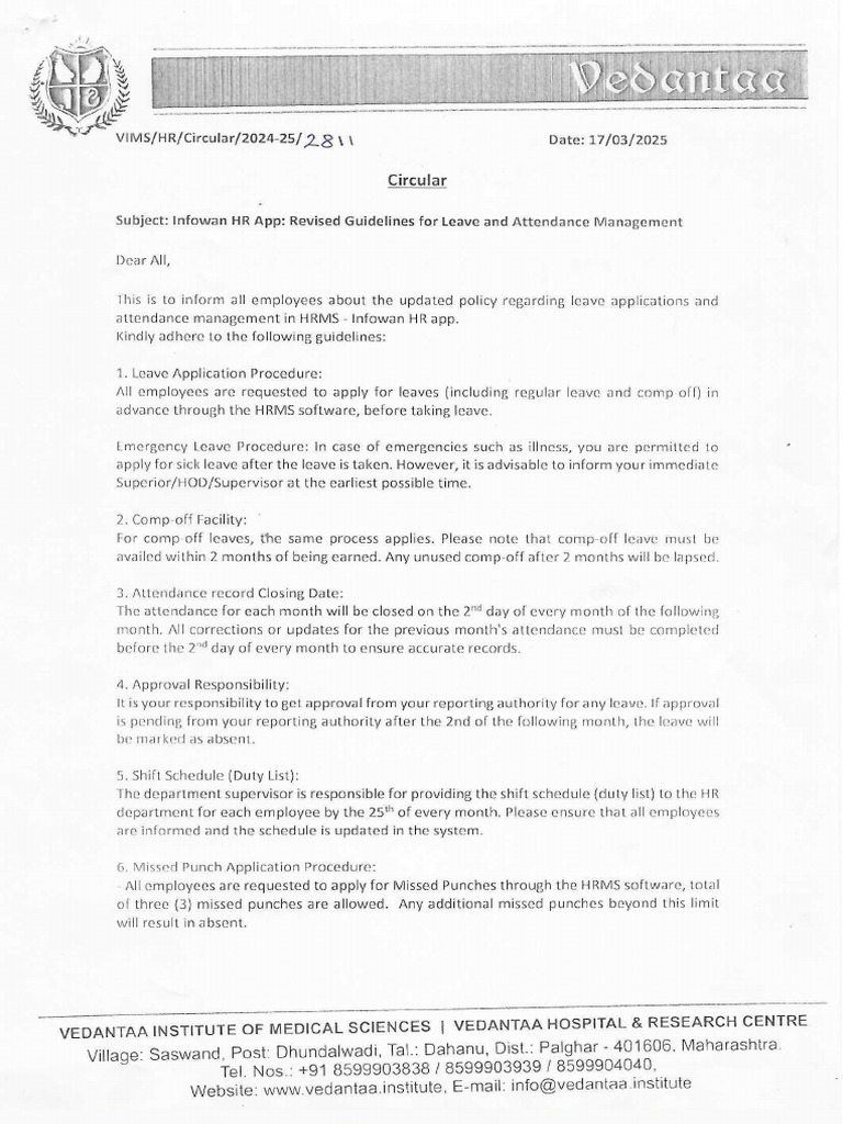 Circular - Infowan HR App Revised Guidelines For Leave and Attendance Procedure | PDF