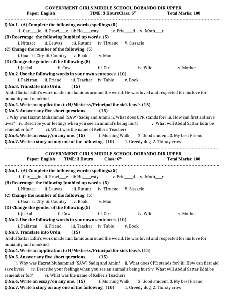 English Class 6th Annual Exam | PDF
