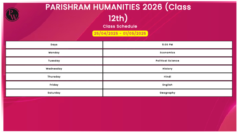 Class Schedule - PARISHRAM HUMANITIES 2026 (Class 12th) | PDF