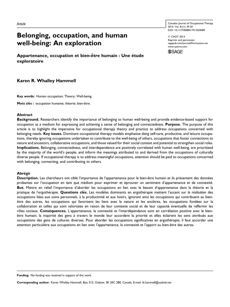 B920Belonging, Occupation and Human Well-Being Ot Article | PDF | Occupational Therapy ...