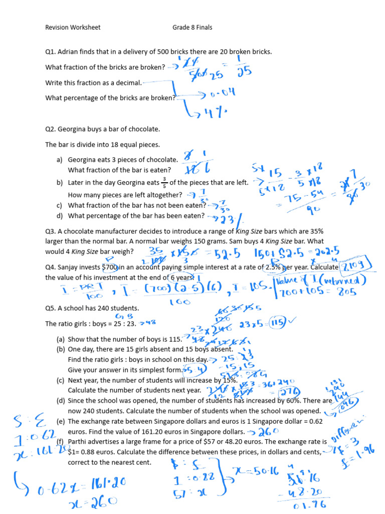 Revision Worksheet Grade 8 Finals | PDF | Mathematics