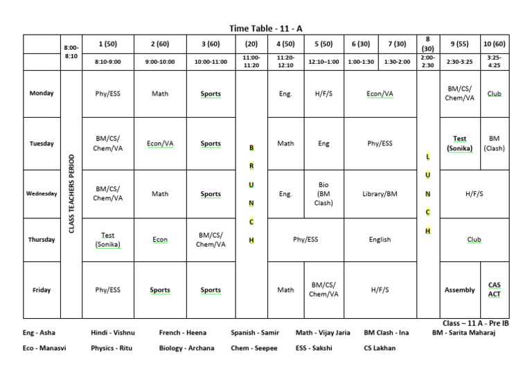 Grade - 11 (Pre IB - A) Time Table 2025-26-1 | PDF