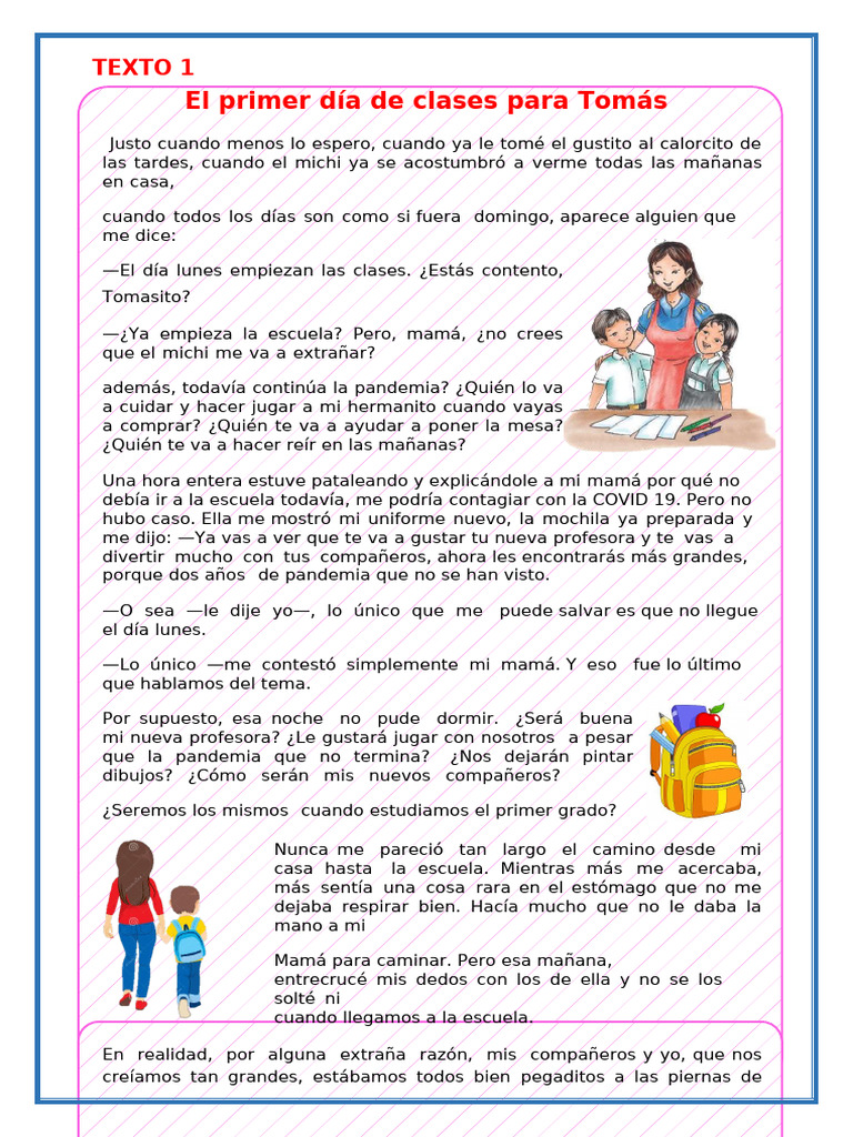 Primer día de clases de Tomás: emociones y miedos | PDF | Perú