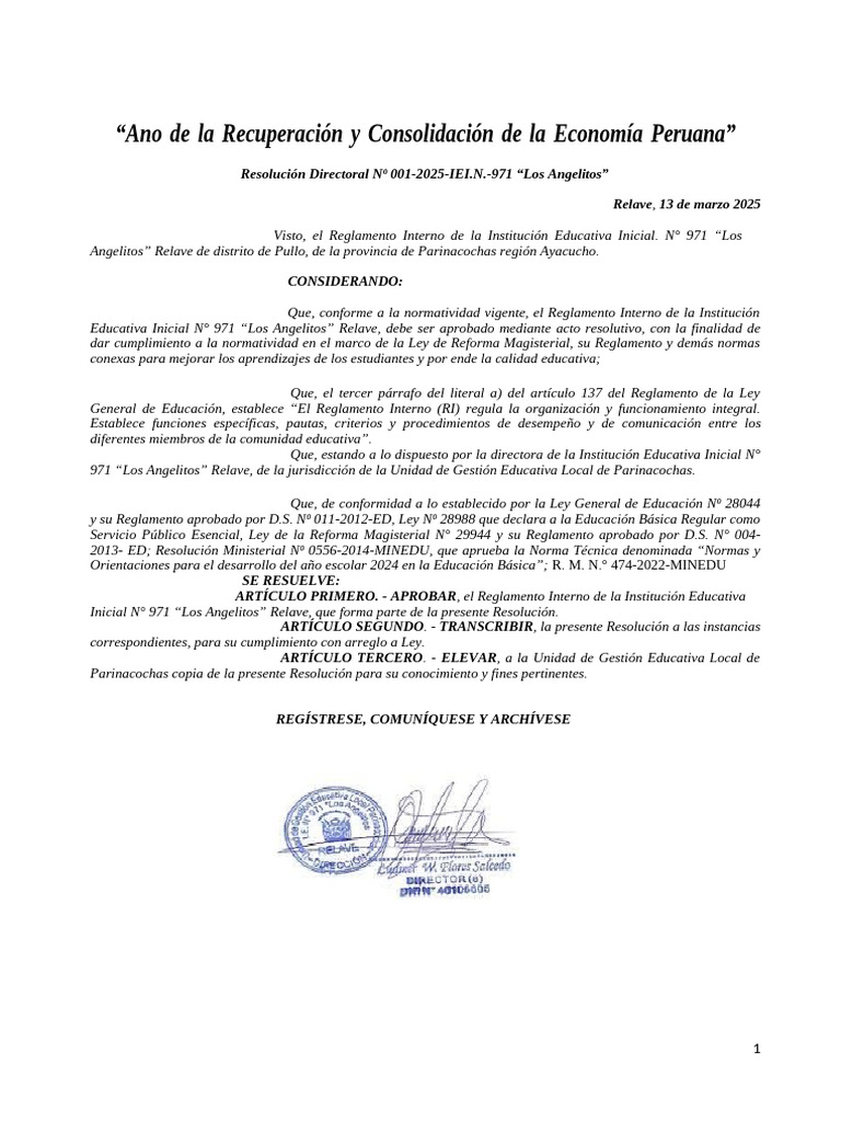 Reglamento Interno Iei N 971 2025 | PDF | Enseñando | Plan de estudios