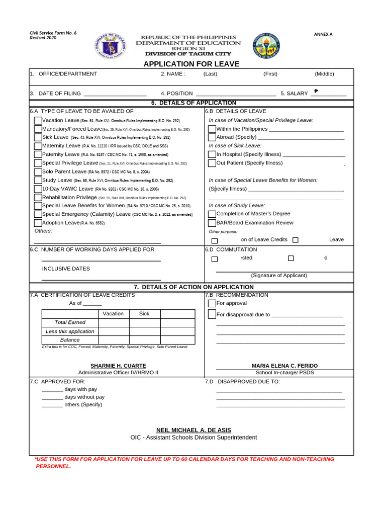 LEAVE FORM NEW CS Form No. 6 Revised 2020 - LEAVE FORM - JAN 2024 ...