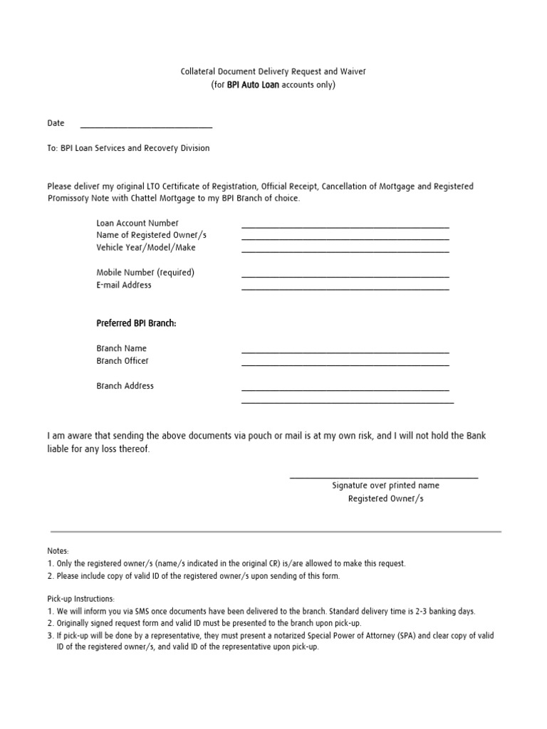 BPI Auto Loan Document Delivery Request | PDF