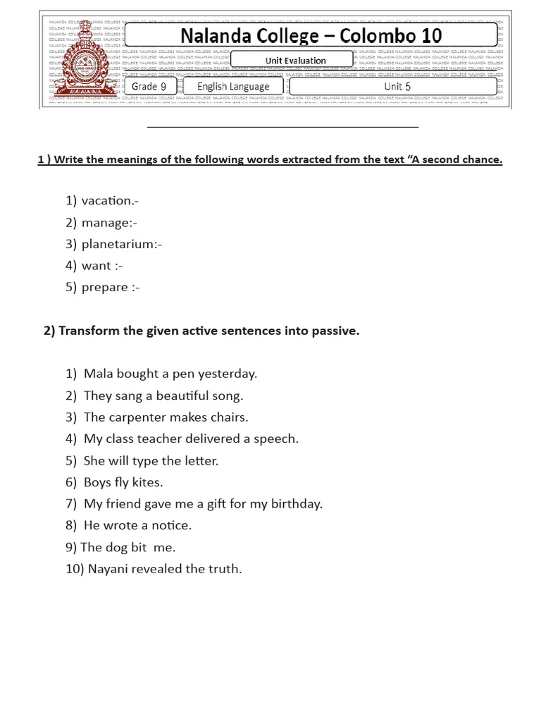 Grade 9 English Unit Test: Tomorrow | PDF