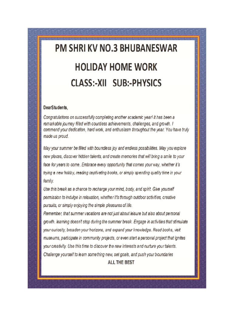 Phy HHW-XII-2025-26 | PDF