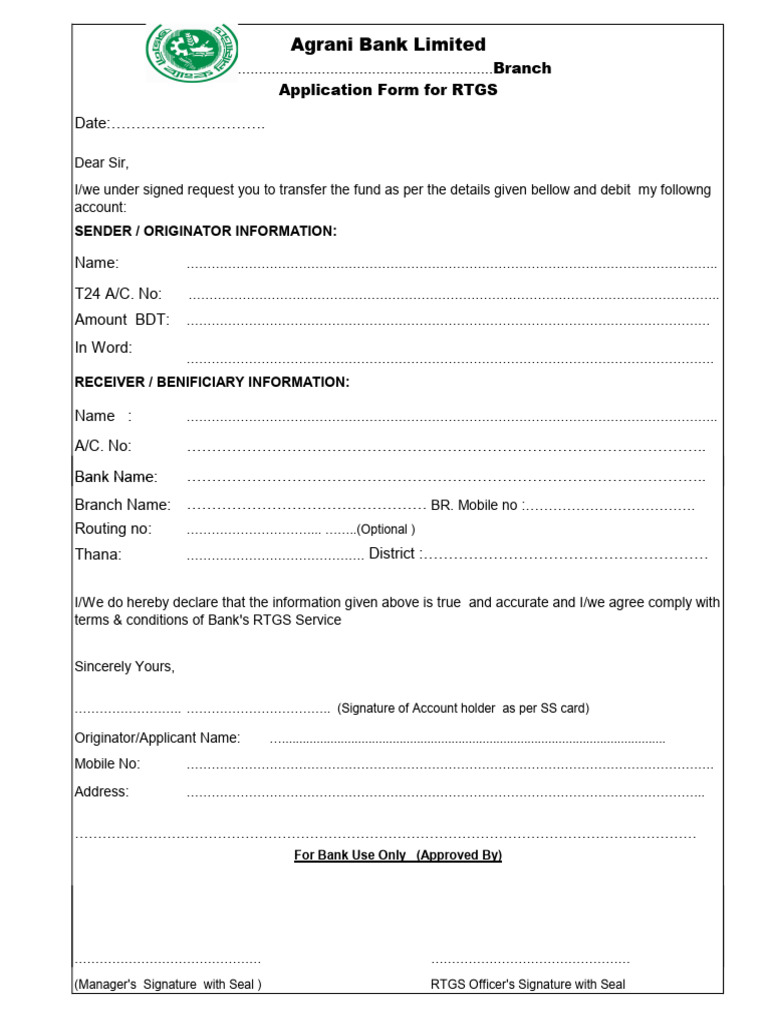 Agrani Bank RTGS Application Form | PDF