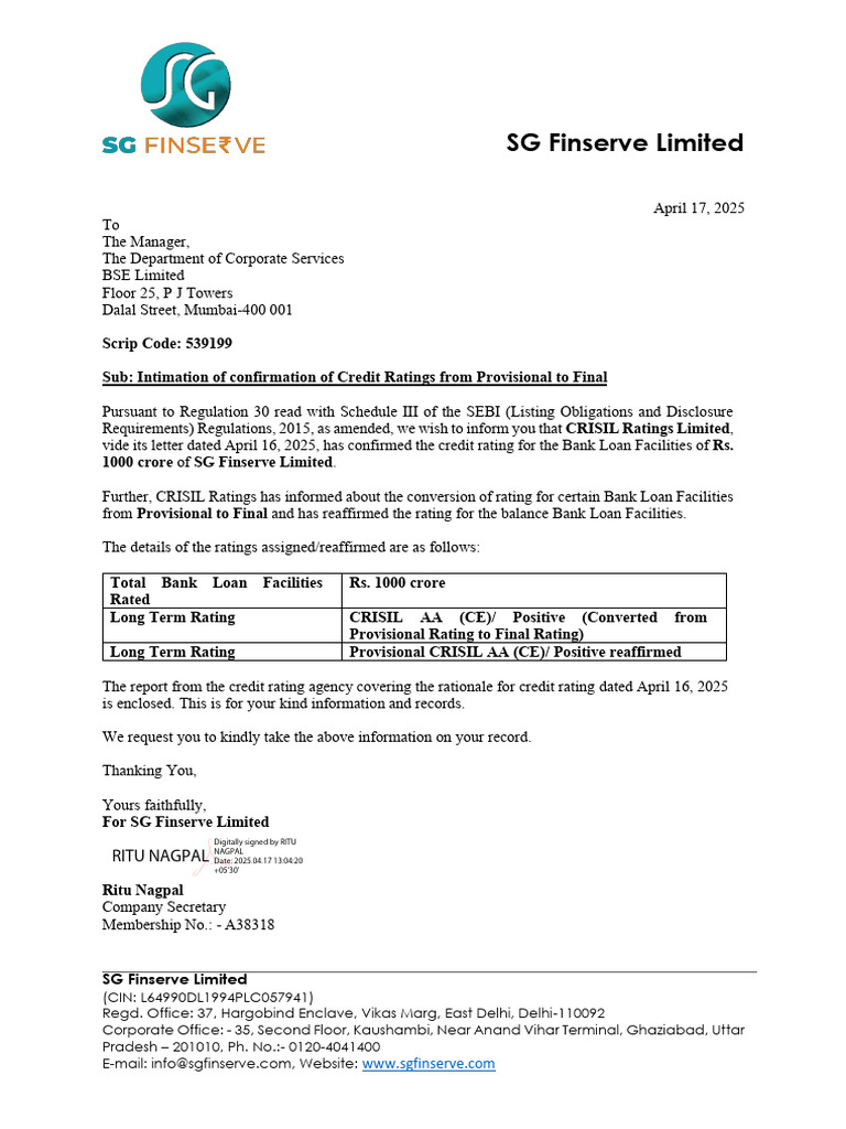 SG Finserve Limited: Ritu Nagpal | PDF | Banks | Financial Services